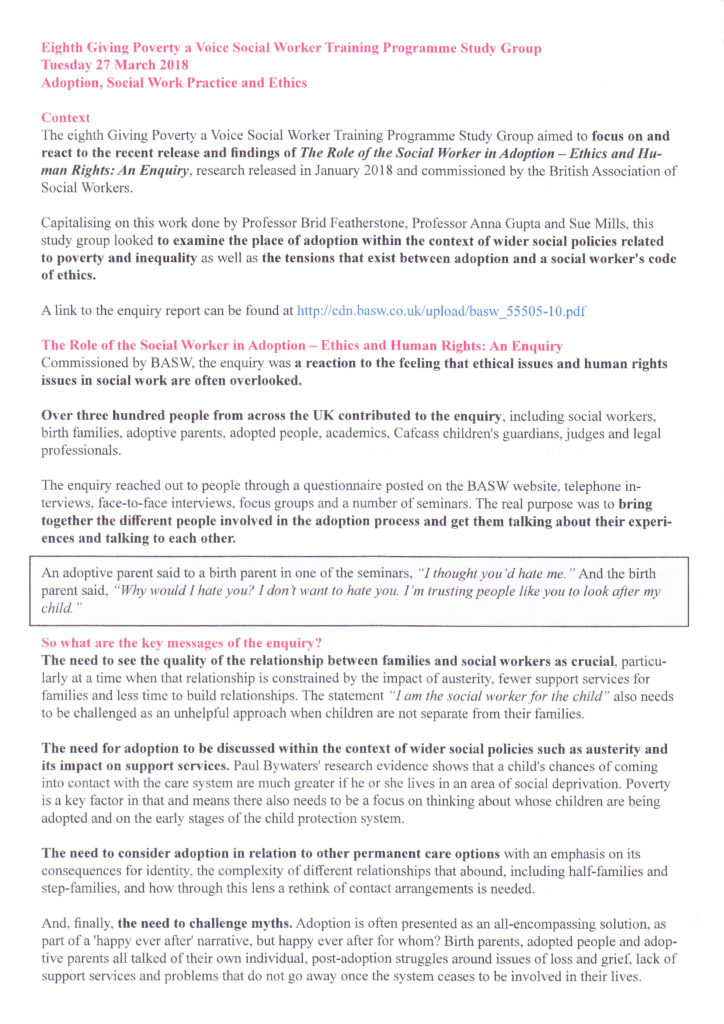 Social Worker Training Programme Study Group Eight Summary - ATD Fourth World UK